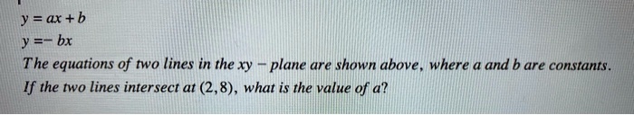 SOLVED: y =a+6 y = bx The equations Of two lines the xy plane are shown above where a and b are ...