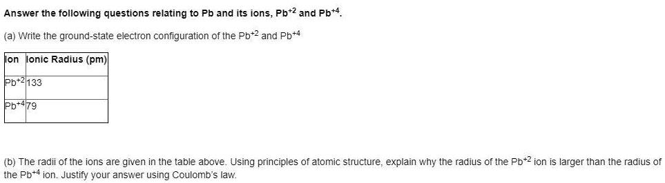 SOLVED: Text: Answer the following questions relating to Pb and its ...