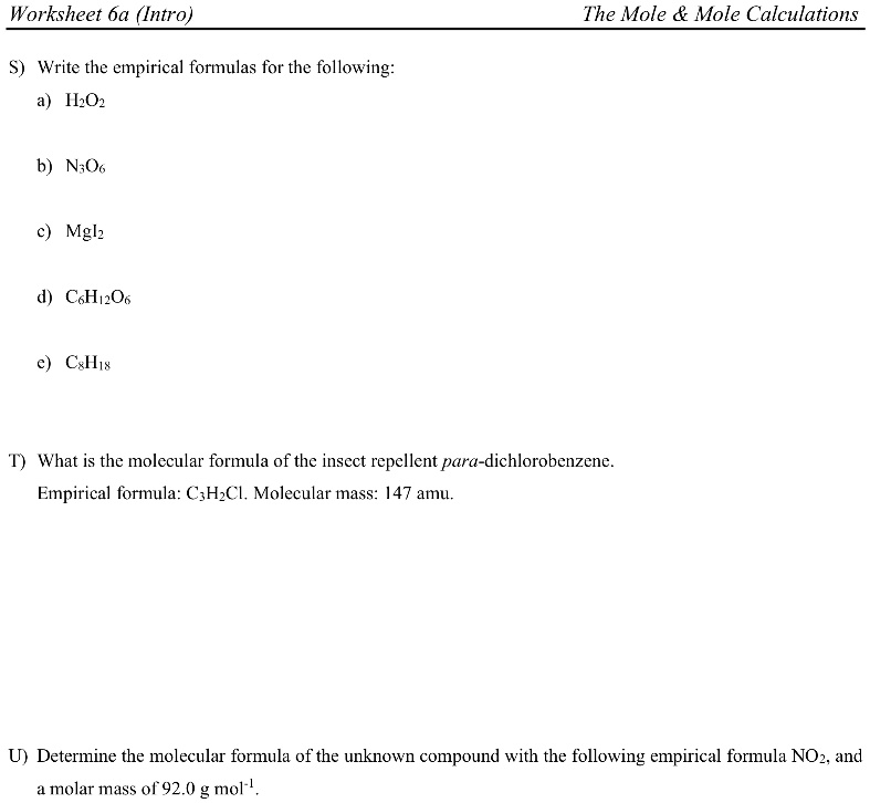 SOLVED: Worksheet ba (Intro) The Mole Mole Calculations Write the ...