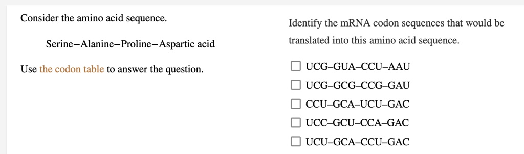 SOLVED: Consider the amino acid sequence. Identify the mRNA codon ...