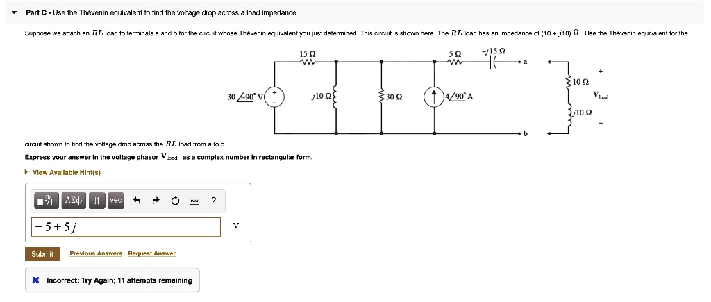 SOLVED: Part C - Use the Thevenin equivalent to find the voltage drop ...