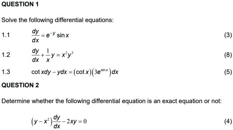 SOLVED: QUESTION 1 Solve the following differential equations: 1.1 dy e ... SOLVED: QUESTION 1 Solve the following differential equations: 1.1 dy e ...