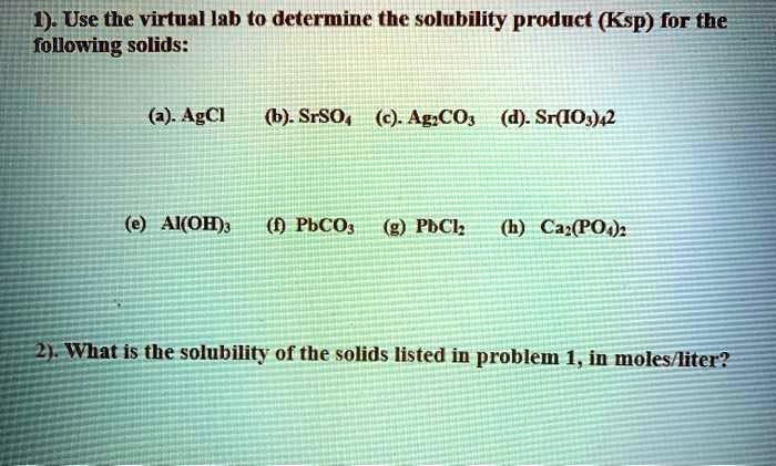 1) Use the virtual lab to determine the solubility product (Ksp) for the following solids ...