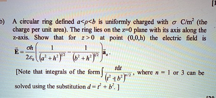 SOLVED: A circular ring defined as p 0, at point (0,0,h), the electric ...
