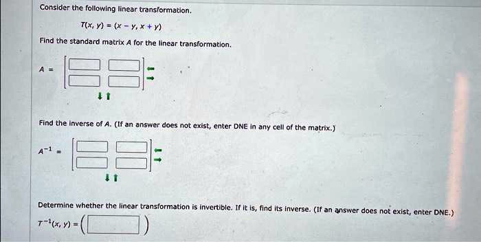 SOLVED: Consider the following linear transformation. T(x,y) = (x-y, x+y). Find the standard ...