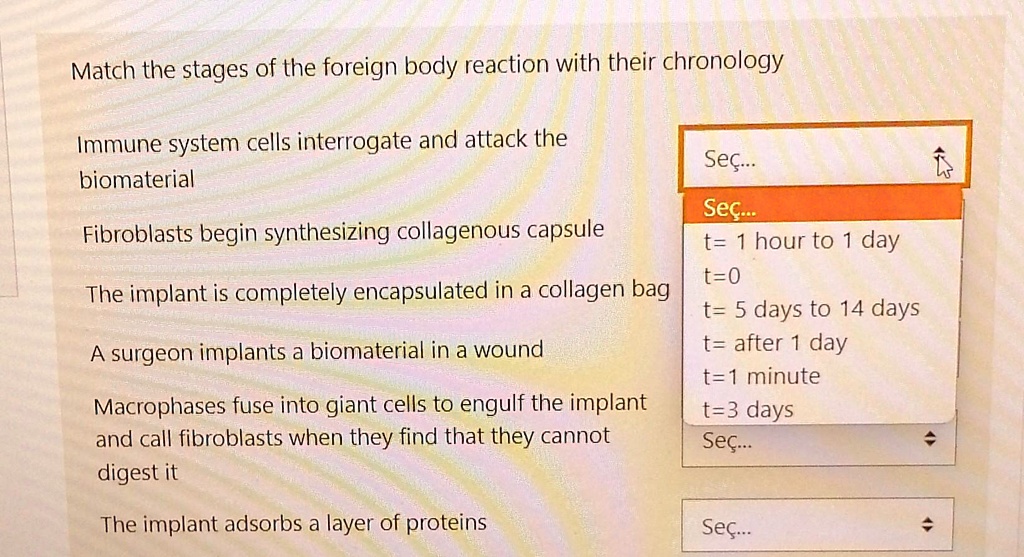 Match the stages of the foreign body reaction with their chronology ...