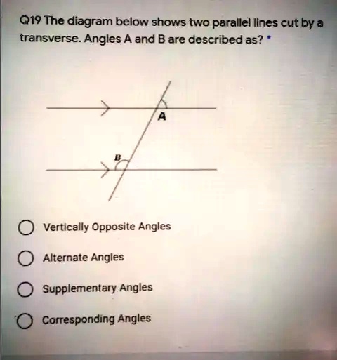 Q19 The diagram below shows two parallel lines cut by a transverse. Angles A and B are described ...