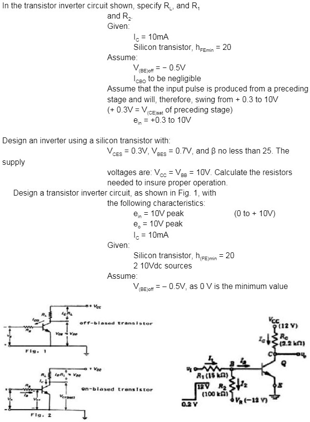 In the transistor inverter circuit shown, specify R?, and R? and R2 ...