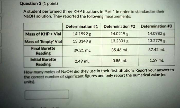 SOLVED: Question 3 (1 point) A student performed three KHP titrations in Part 1 in order to ...