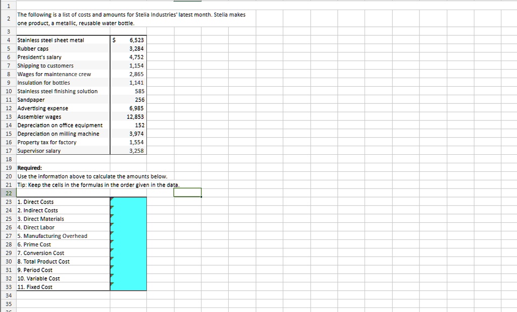 1 The following is a list of costs and amounts for Stelia Industries ...