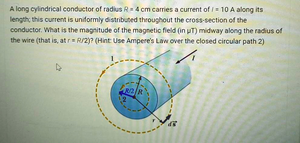 SOLVED: long cylindrical conductor of radius R = 4 cm carries a current of / = 10 A along its ...