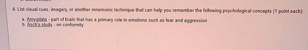 4. List visual cues, imagery, or another mnemonic technique that can ...
