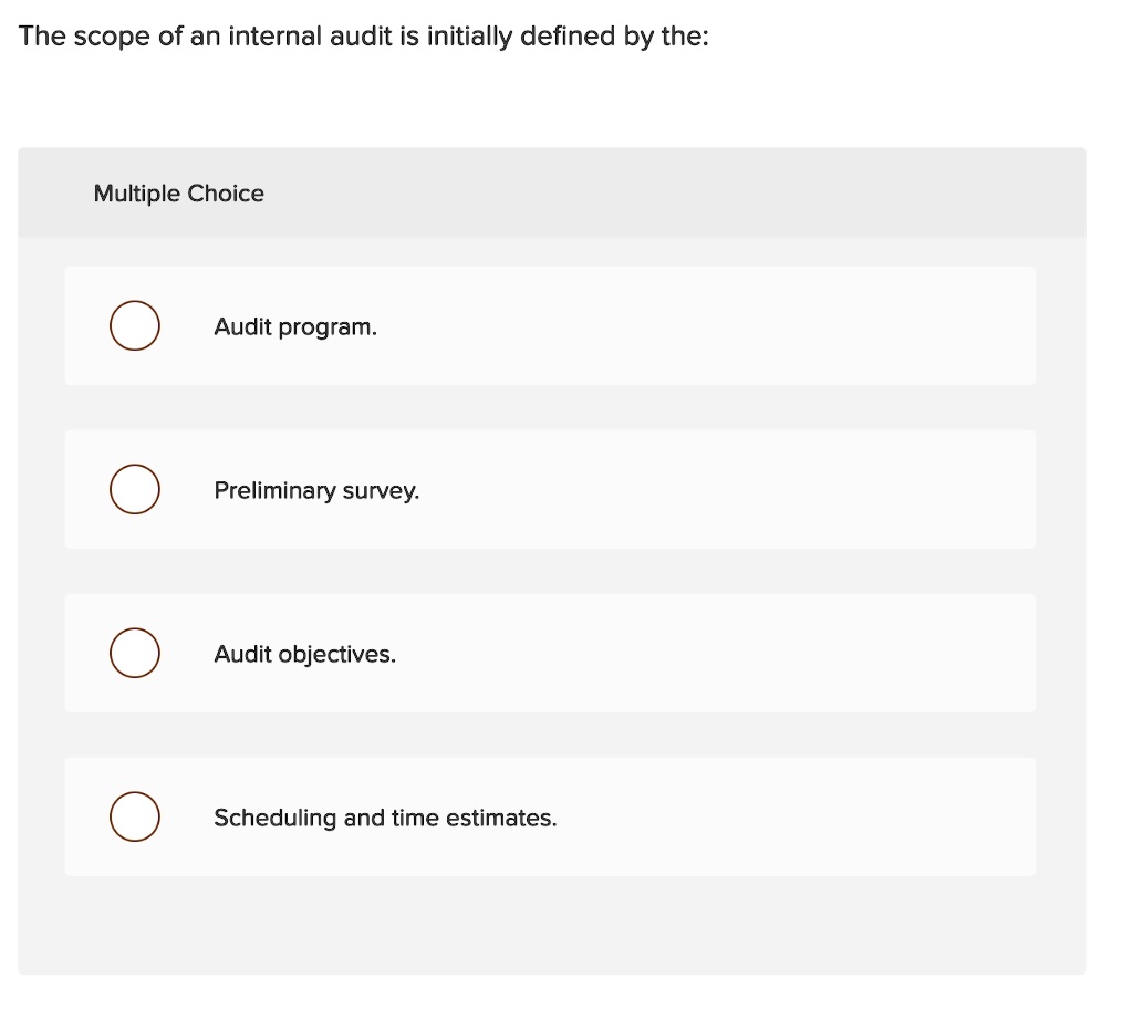 SOLVED: The scope of an internal audit is initially defined by the: Multiple Choice Audit ...