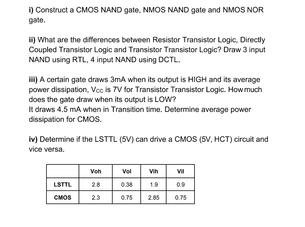 SOLVED: ANSWER III AND IV i) Construct a CMOS NAND qate, NMOS NAND gate ...