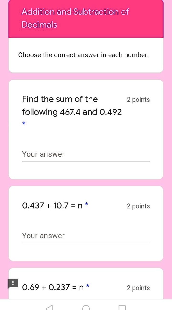 Addition and Subtraction of Decimals Choose the correct answer in each number. Find the sum of ...