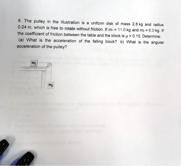 SOLVED: The pulley in the illustration is a uniform disk of mass 2.8 kg and radius 0.24 m, which ...