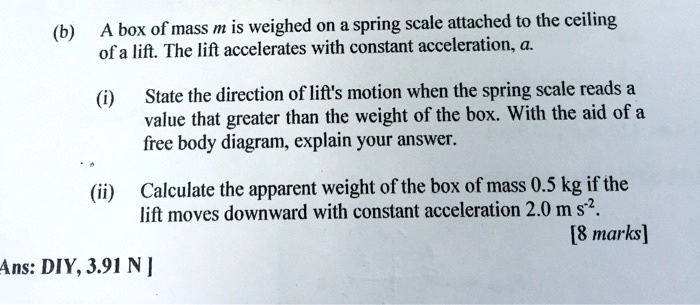 (b) A box of mass m is weighed on a spring scale attached to the ...