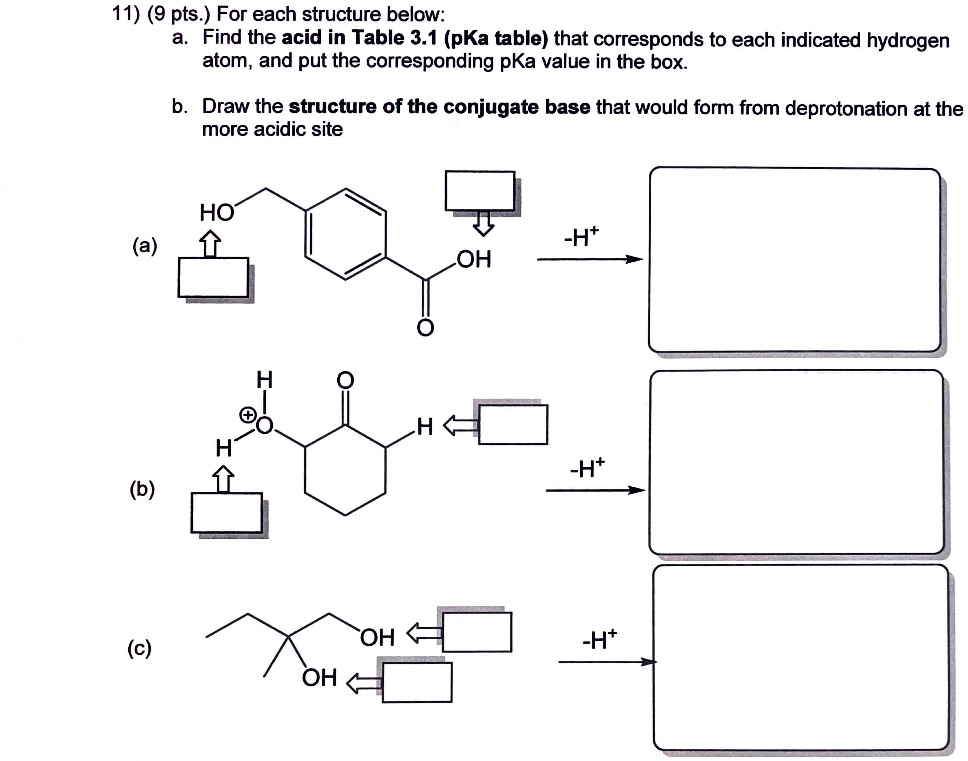 SOLVED:11) (9 pts ) For each structure below: Find the acid in Table 3. ...
