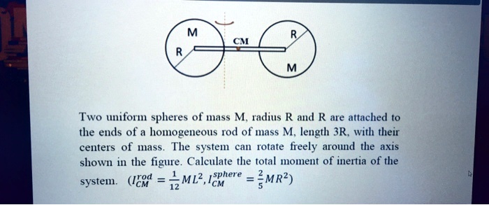 SOLVED: Two uniform spheres of mass M, radius R and R are attached to the ends of a homogeneous ...