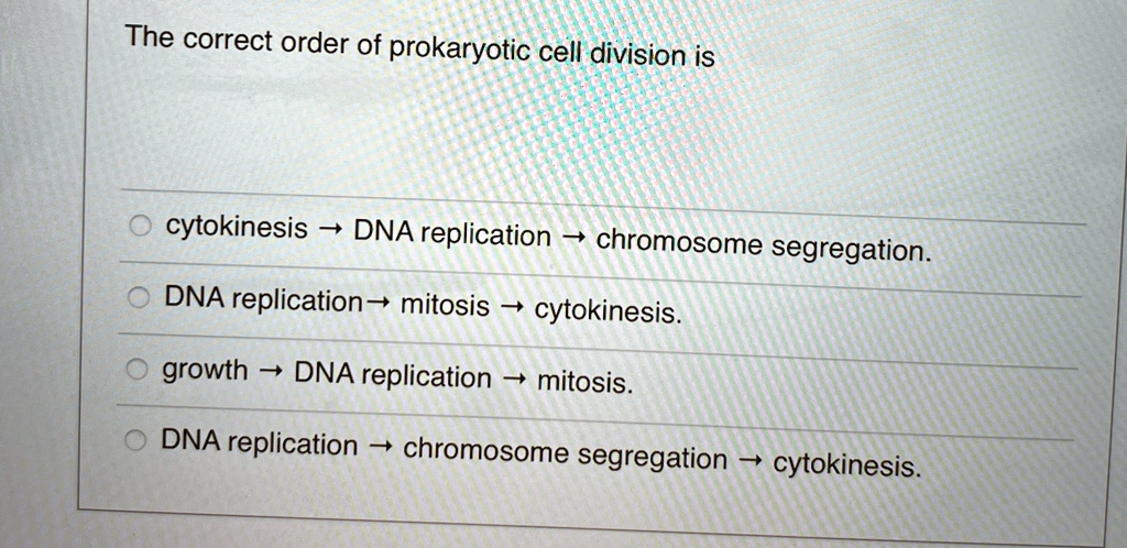 The correct order of prokaryotic cell division is O cytokinesis ? DNA ...