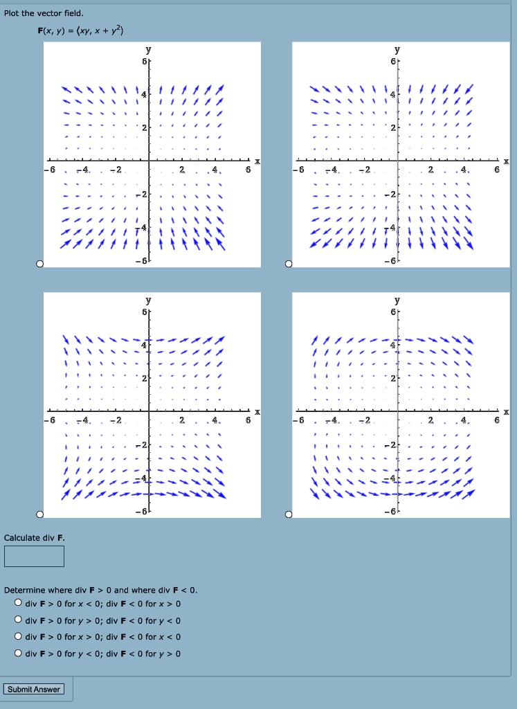 SOLVED: Plot the vector field F(x, y) = (xy, x + yz). Calculate div F ...