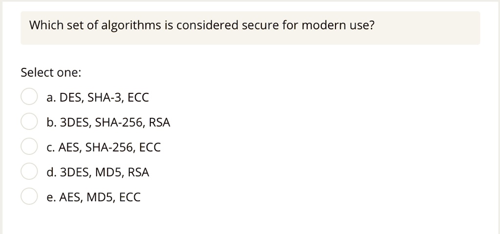 Which set of algorithms is considered secure for modern use? Select one ...