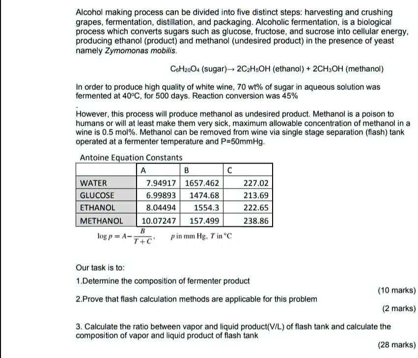 SOLVED: Alcohol making process can be divided into five distinct steps ...