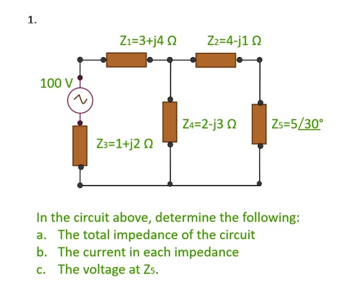 SOLVED: Z1 = 3 + j4 Î© Z2 = 4 - j1 Î© 100 V Z4 = 2 - j3 Î© Z5 = 5/30 Î© Z3 = 1 + j2 Î© In the ...