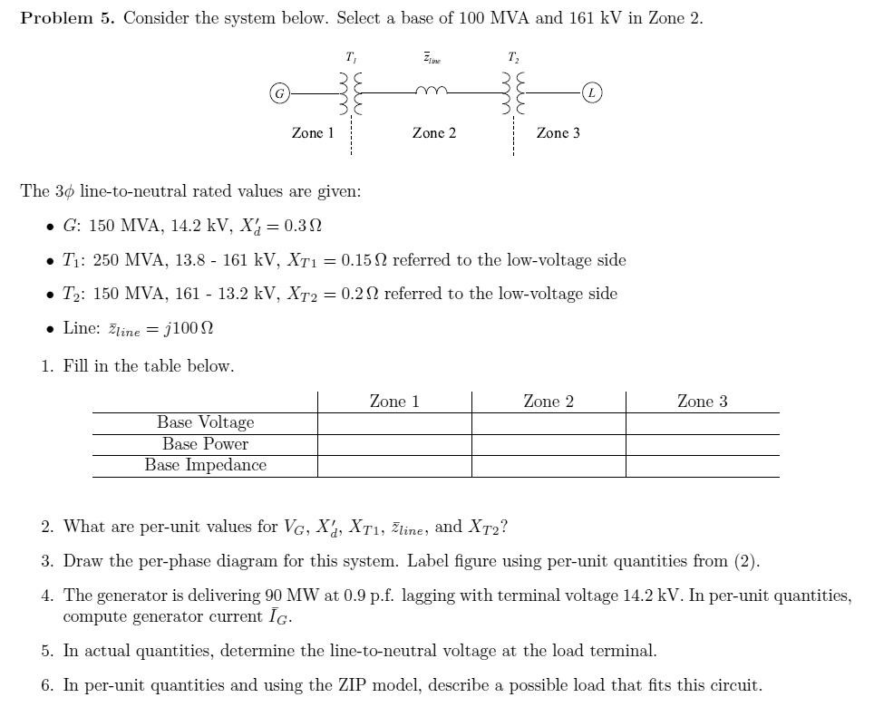 SOLVED: Problem 5. Consider the system below. Select a base of 100 MVA and 161 kV in Zone 2. T1 ...