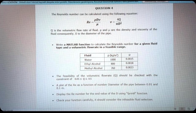 SOLVED: The Reynolds number can be calculated using the following ...
