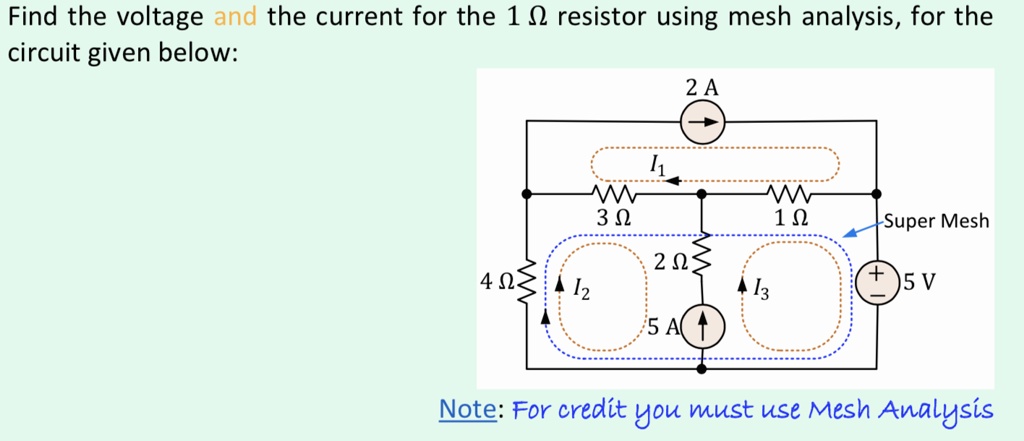 SOLVED: Find the voltage and the current for the 1 resistor using mesh analysis, for the circuit ...