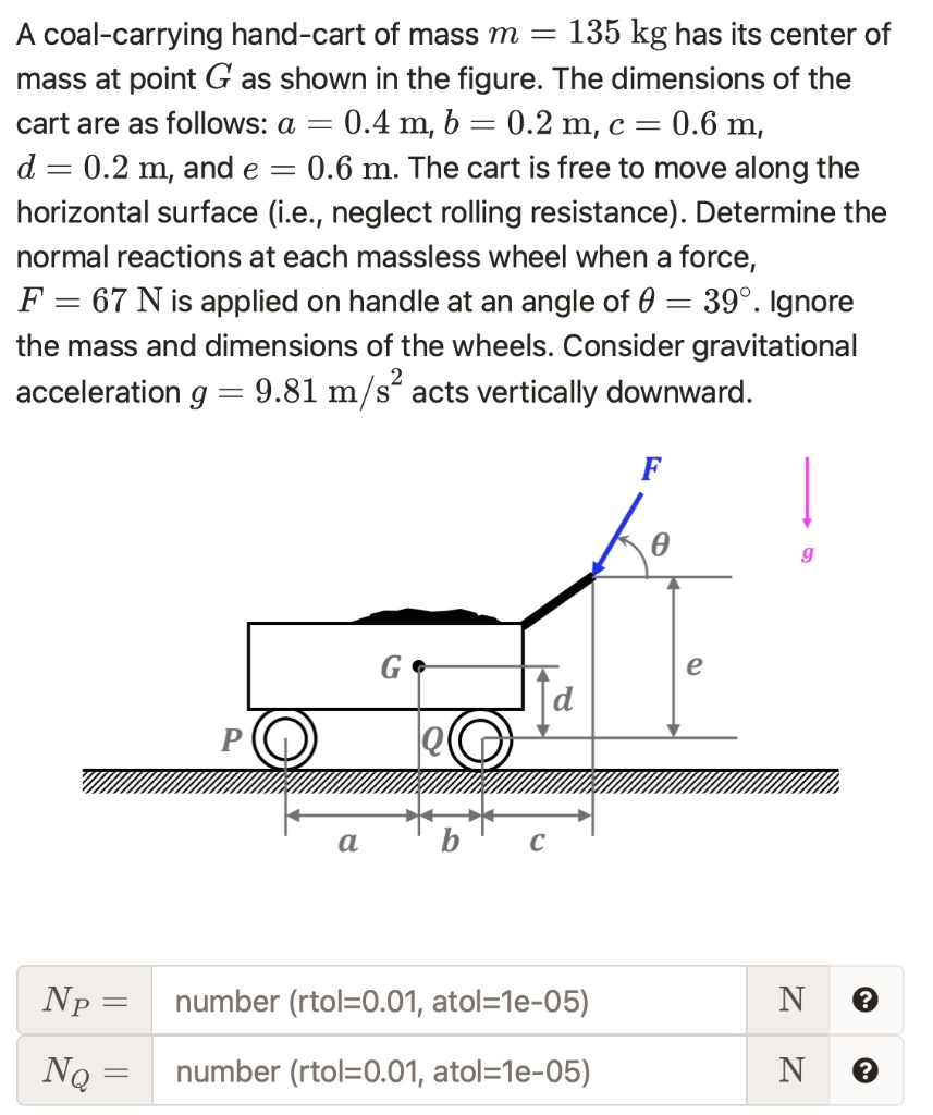 A coal-carrying hand-cart of mass m = 135 kg has its center of mass at ...