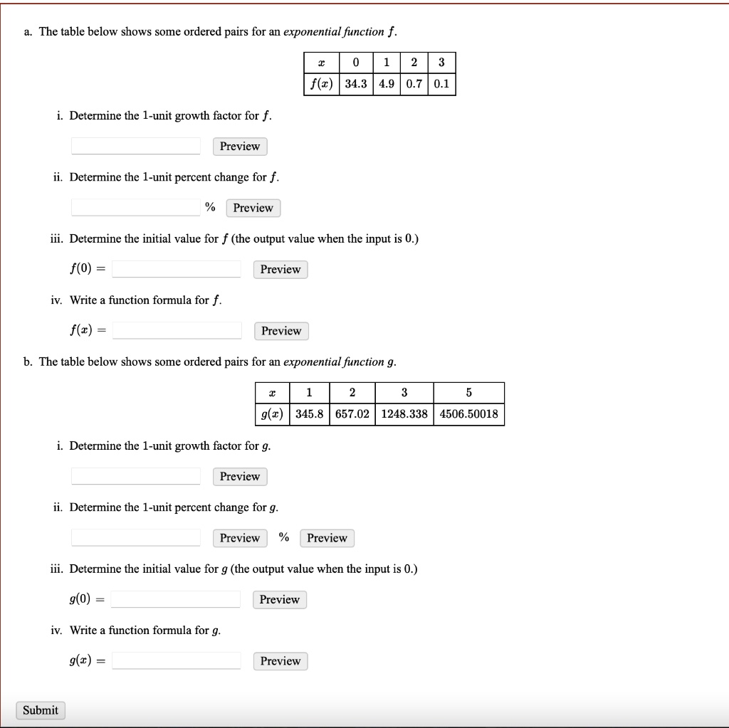 the table below shows some ordered pairs for an exponential function f ...
