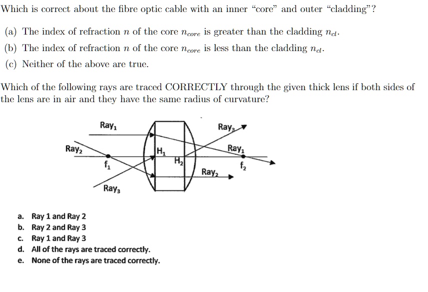 Which is correct about the fibre optic cable with an inner "core" and outer "cladding"? (a) The ...