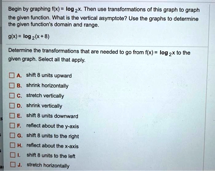 Solvedbegin By Graphing Fx Log 2x Then Use Transformations Of This Graph T0 Graph The