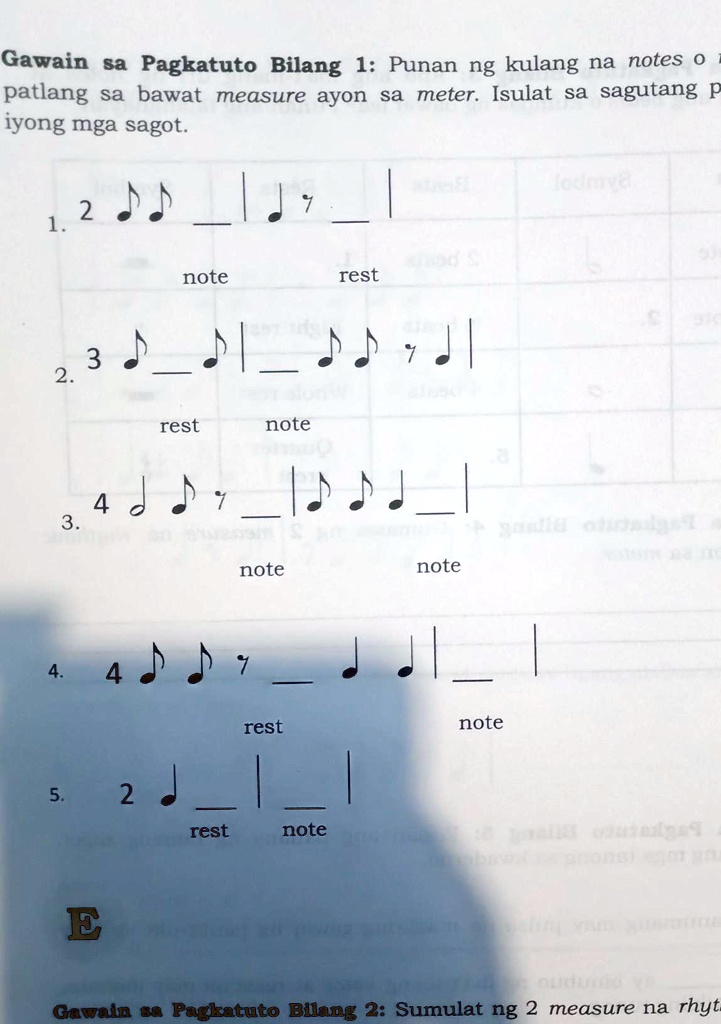 SOLVED: 'punan ng kulang na notes o rest ang patlang sa bawat measure ...