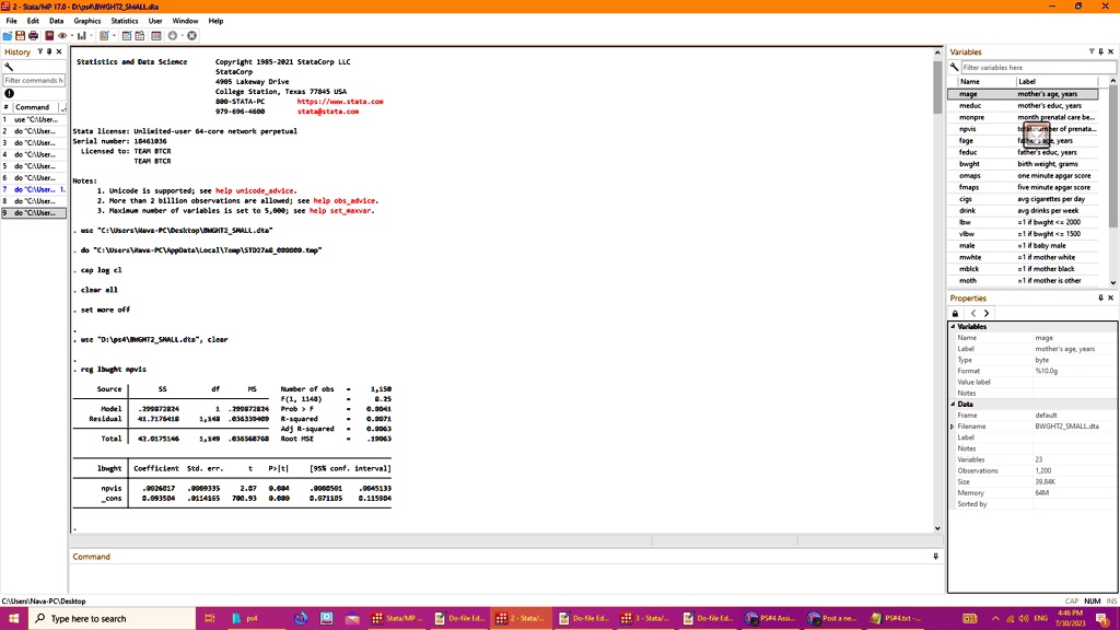 SOLVED: Texts: Using the posted data set BWGHT2SMALL.DTA, answer the following (note, the ...