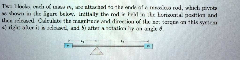 Two blocks, each of mass m, are attached to the ends of a massless rod ...