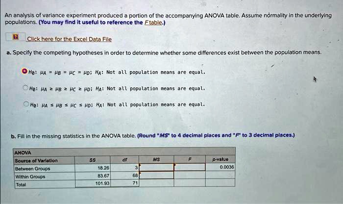 SOLVED: An analysis of variance experiment produced a portion of the accompanying ANOVA table ...