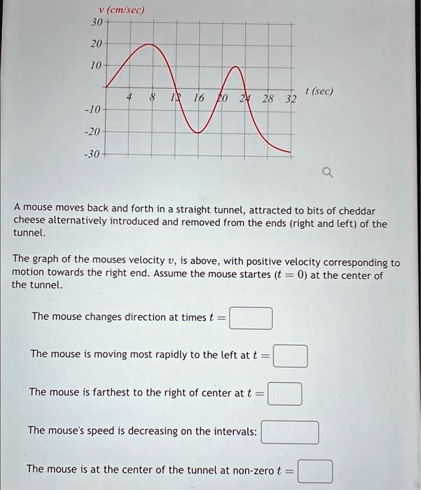 SOLVED: Texts: v(cm/sec) 30 20 10 -10 -20 -30 A mouse moves back and forth in a straight tunnel ...