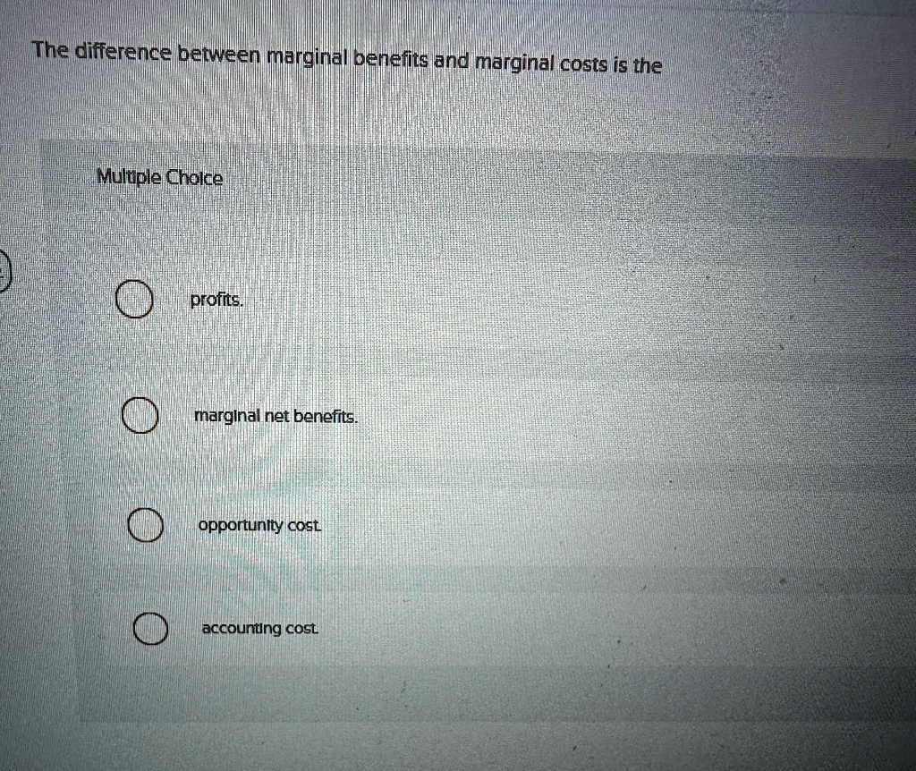 the difference between marginal benefits and marginal costs is the ...