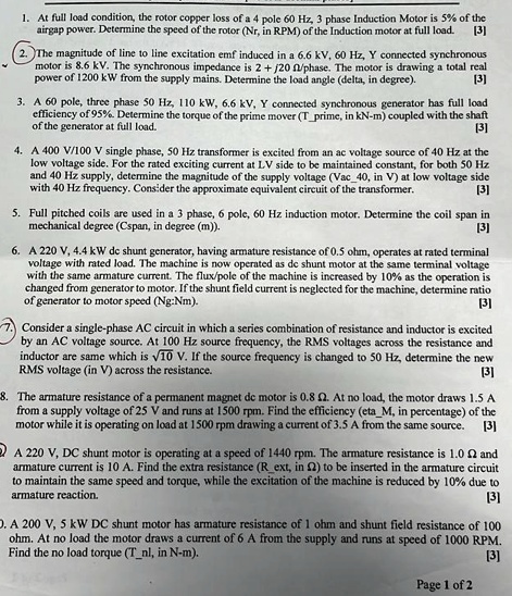page 1 of 2 at full load condition the rotor copper loss of a 4 pole 60 ...