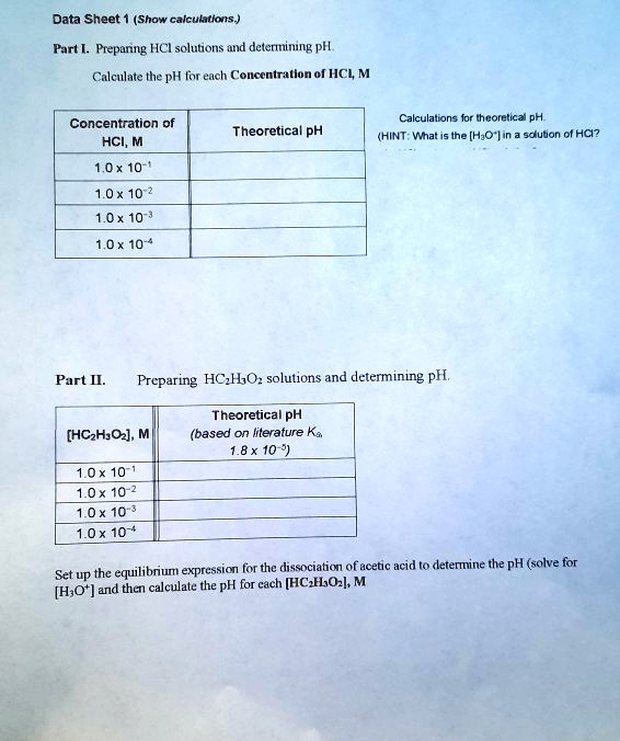 Data Sheet 1 (Show calculations.) Part I. Preparing HCl solutions and ...