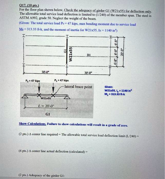 SOLVED: Q17.10 pts. For the floor plan shown below, check the adequacy of girder G1 (W21x55) for ...