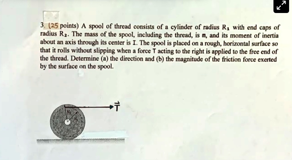 3. (25 points) A spool of thread consists of a cylinder of radius R1 ...