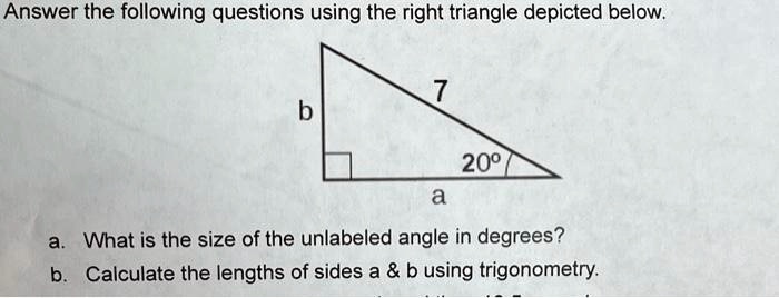 SOLVED: Answer the following questions using the right triangle depicted below 7 b 200 a a. What ...