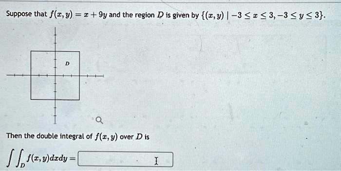 SOLVED: Suppose that f(x, y) = x + 9y and the region D is given by (x, y) | -3 ≤ x ≤ 3, -3 ≤ y ≤ ...