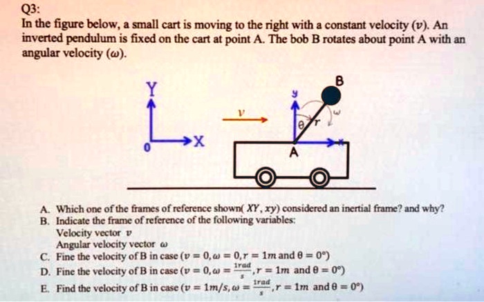 Q3: In the figure below, a small cart is moving to the right with a ...