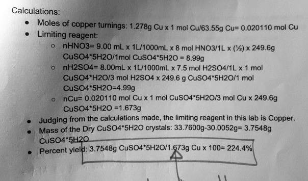SOLVED: Calculations: Moles of copper turnings: 1.2789 Cu x mol Cu/63 ...
