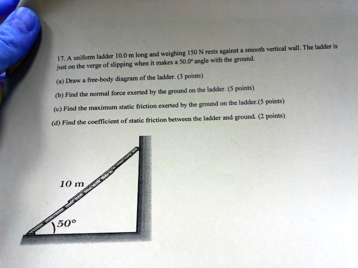 SOLVED: smooth vertical wall. The ladder is ladder 10.0 m long and weighing 150 N rests against ...